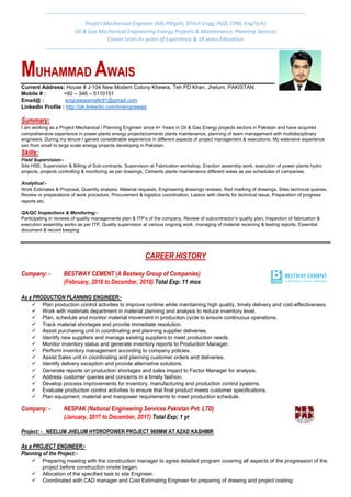 Engr Muhammad Awais Mech. Engg, BSTech, MSPM, PGD, CPM | PDF