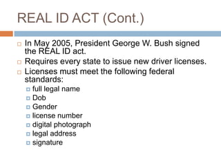 Privacy Identity Theft National ID Card and REAL ID Act | PPTX