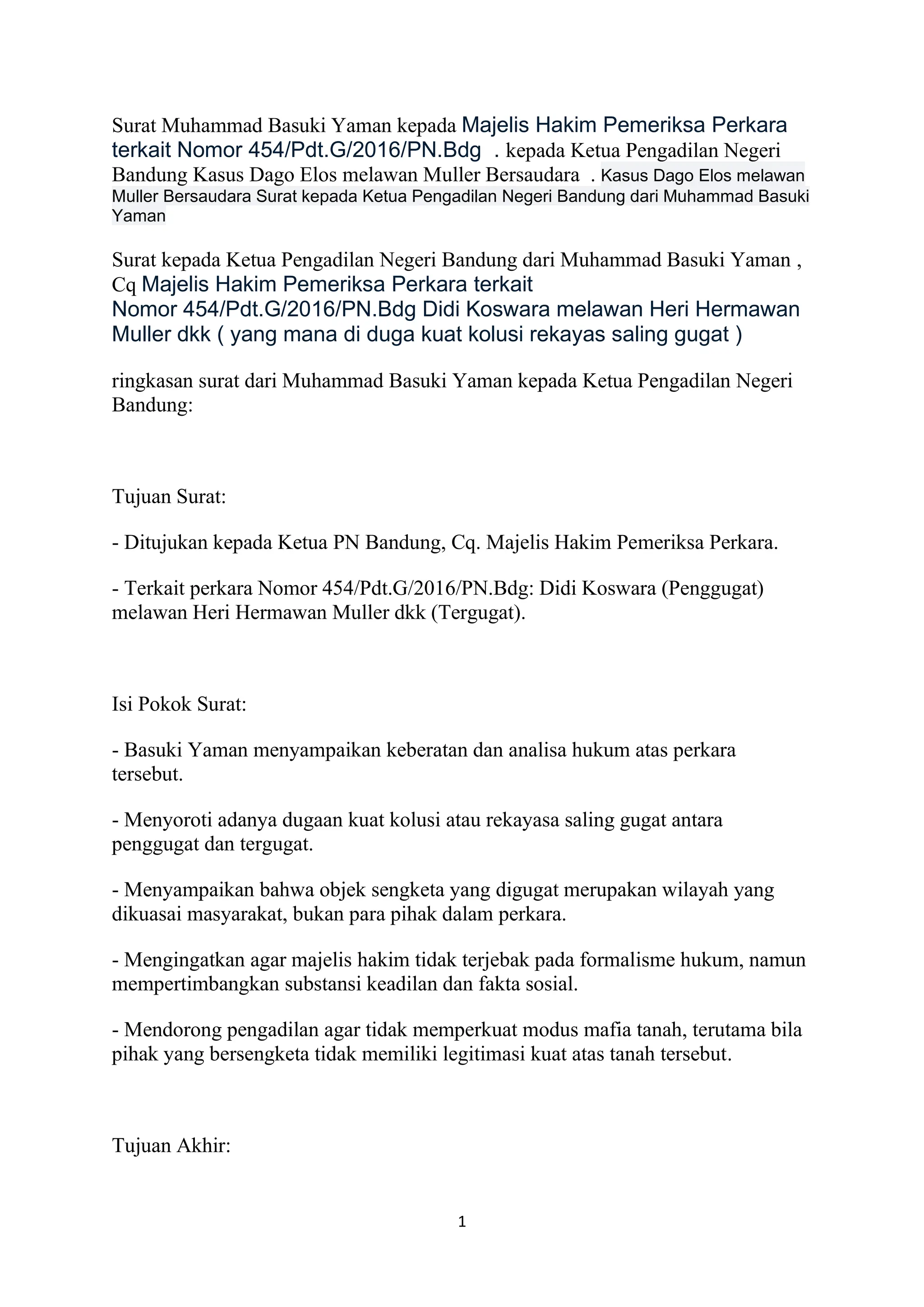 Muhammad Basuki Yaman Surat kepada Hakim Sengketa Tanah Dago Elos | PDF