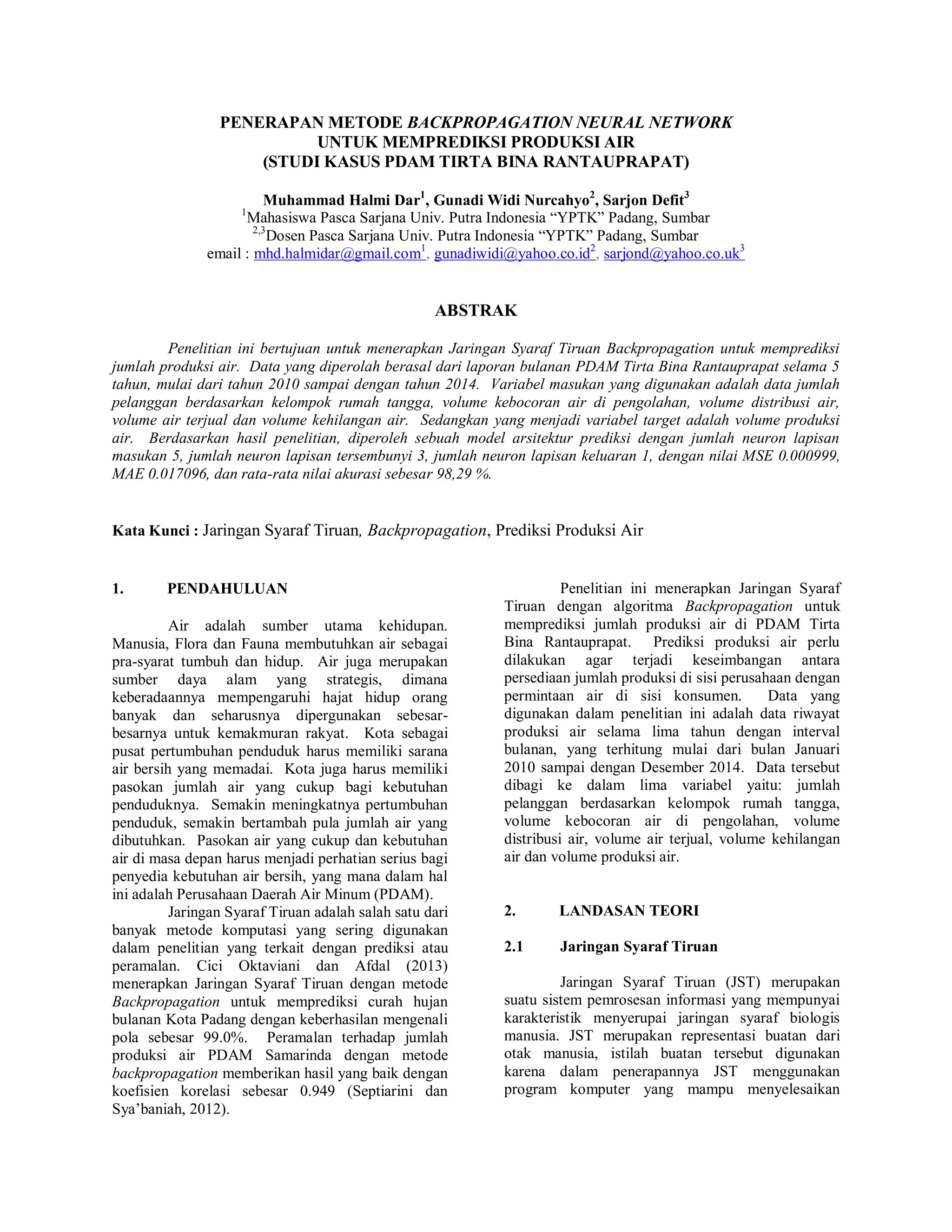 Penerapan Metode Backpropagation Neural Network untuk Memprediksi Produksi Air | PDF