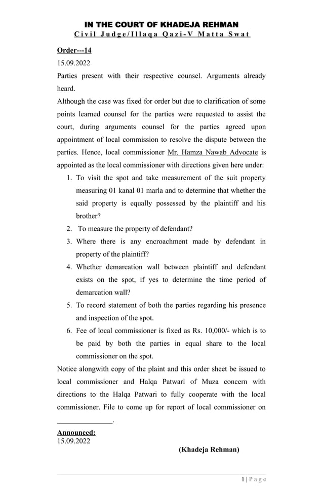 Appointment of local commission in caseMuhammad Hayaat Vs Khaista Bacha ...