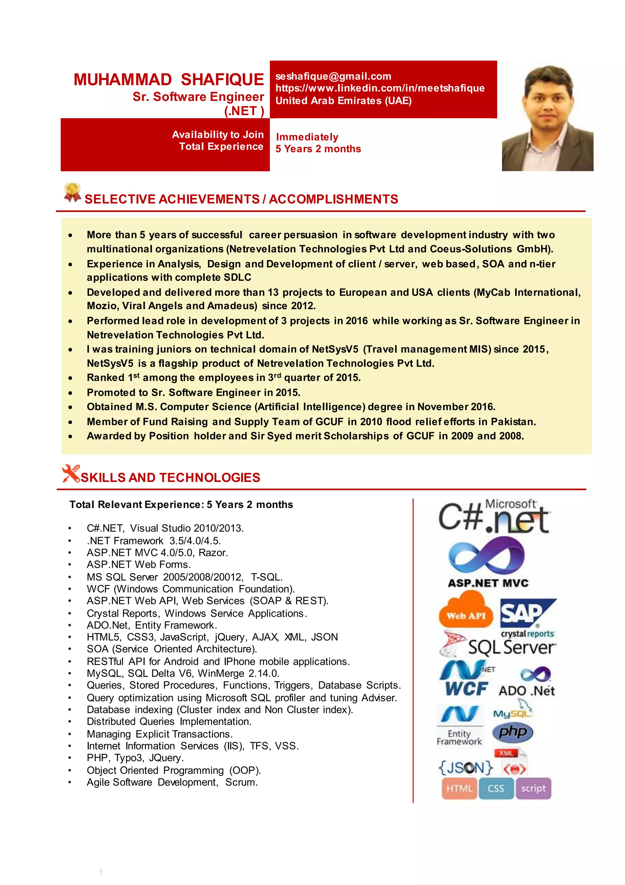 Muhammad Shafique CV for .NET Job | DOCX | Databases | Computer Software and Applications
