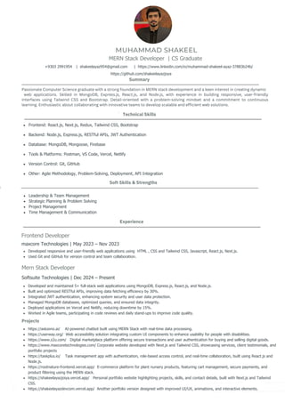 Muhammad Shakeel ayaz resume for mern srack developer | PDF