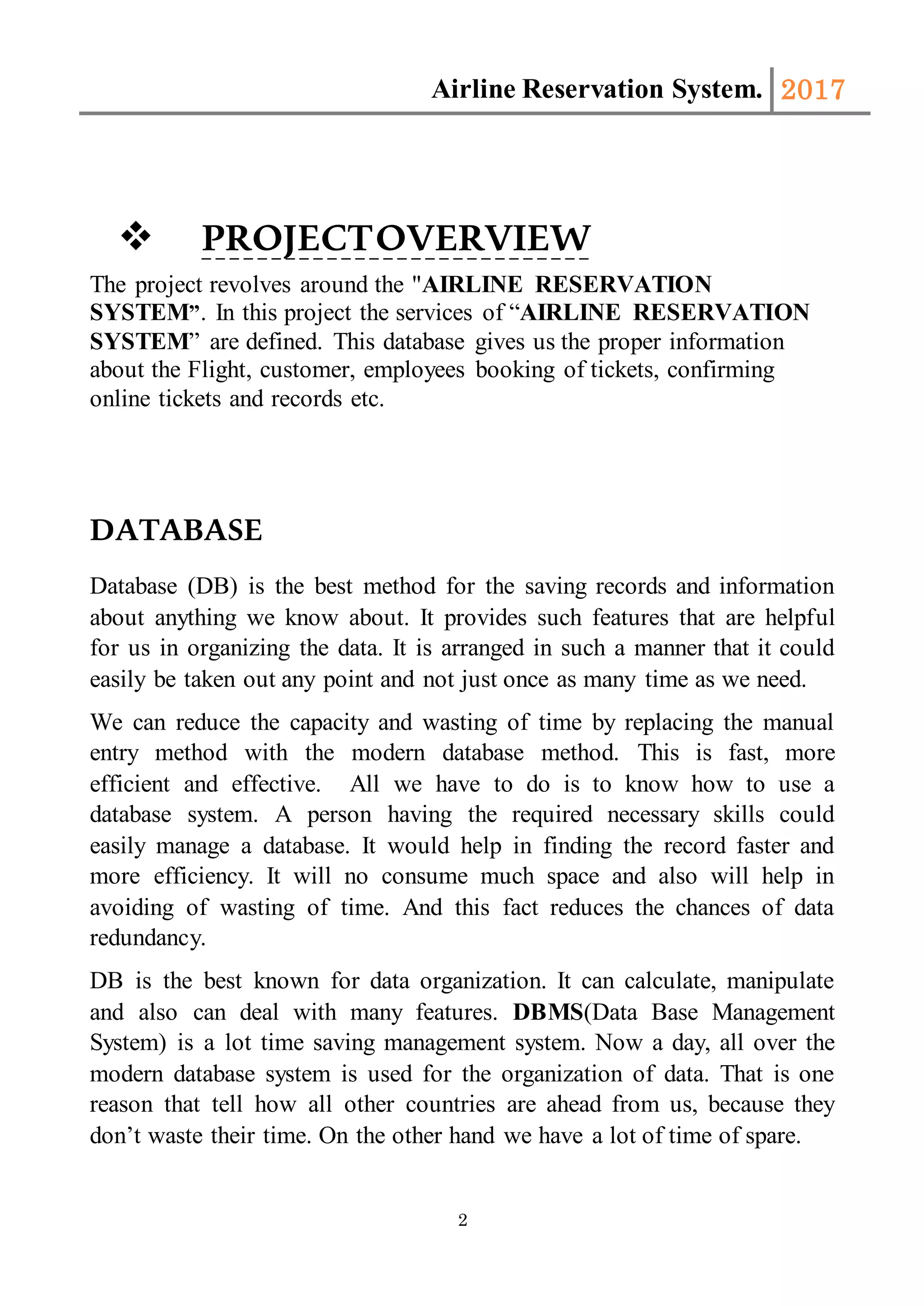 MS Access Database Project proposal on Airline Reservation System | DOCX