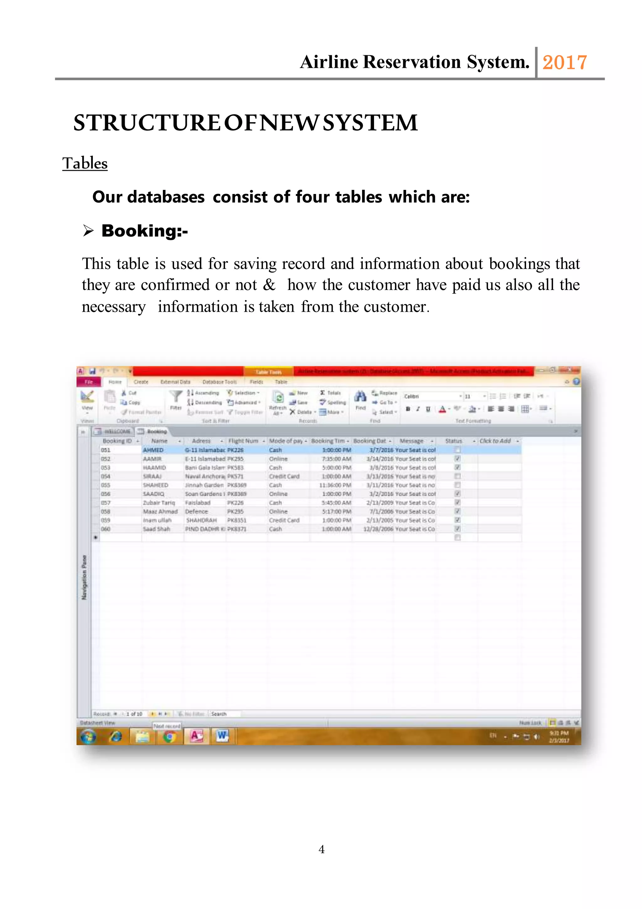 MS Access Database Project proposal on Airline Reservation System | DOCX