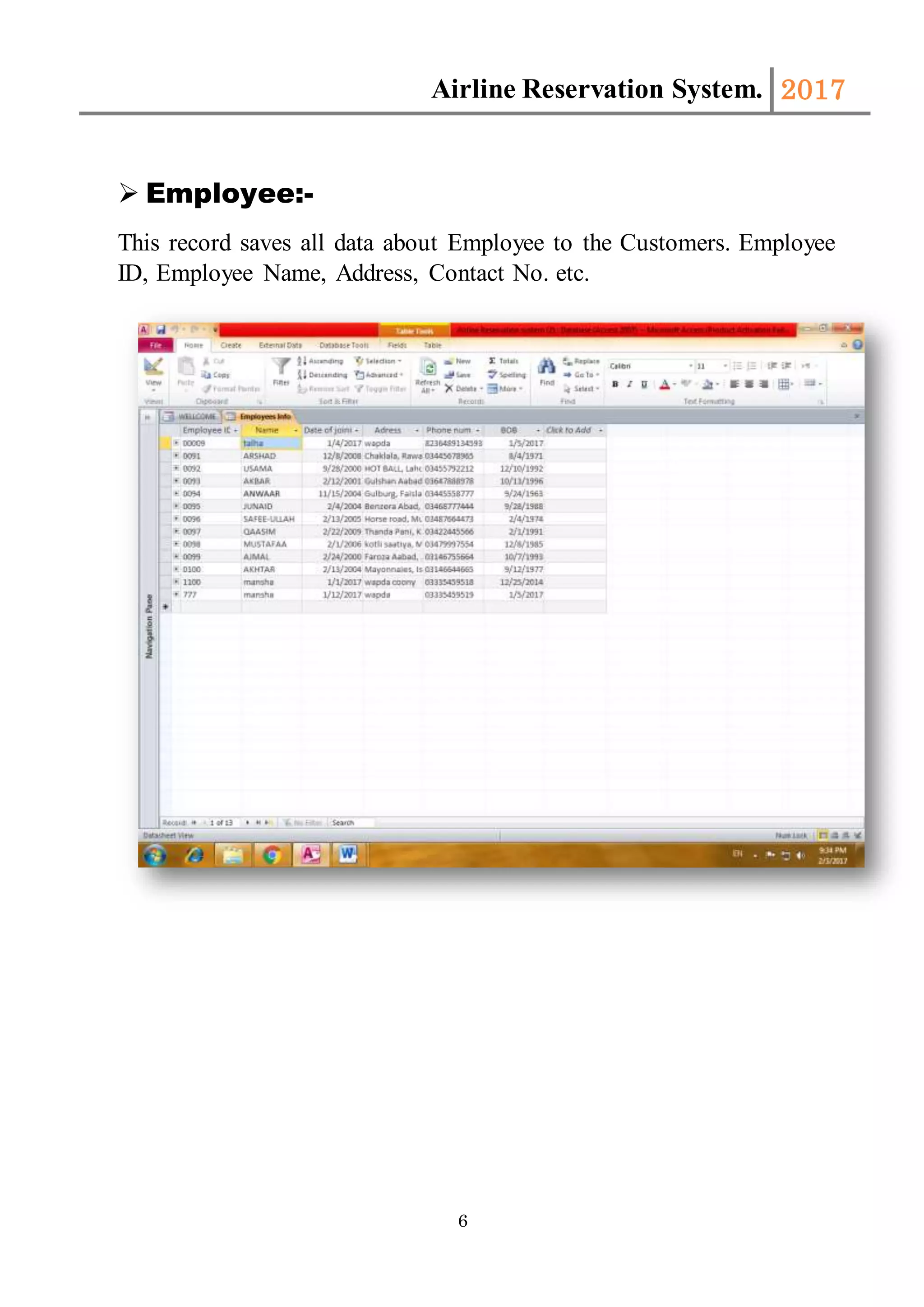MS Access Database Project proposal on Airline Reservation System | DOCX