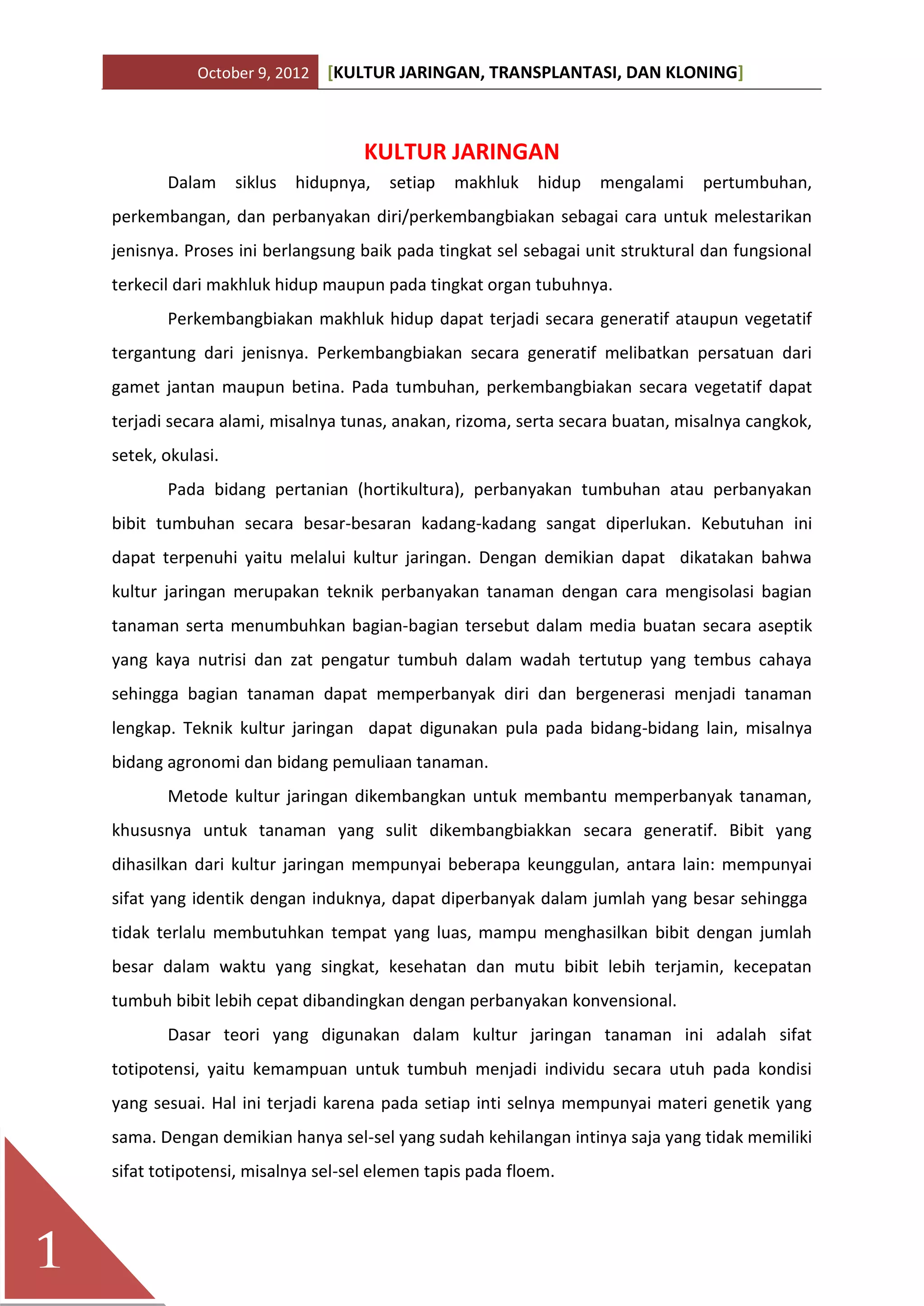 Kultur Jaringan, Transplantasi, dan Kloning | DOCX