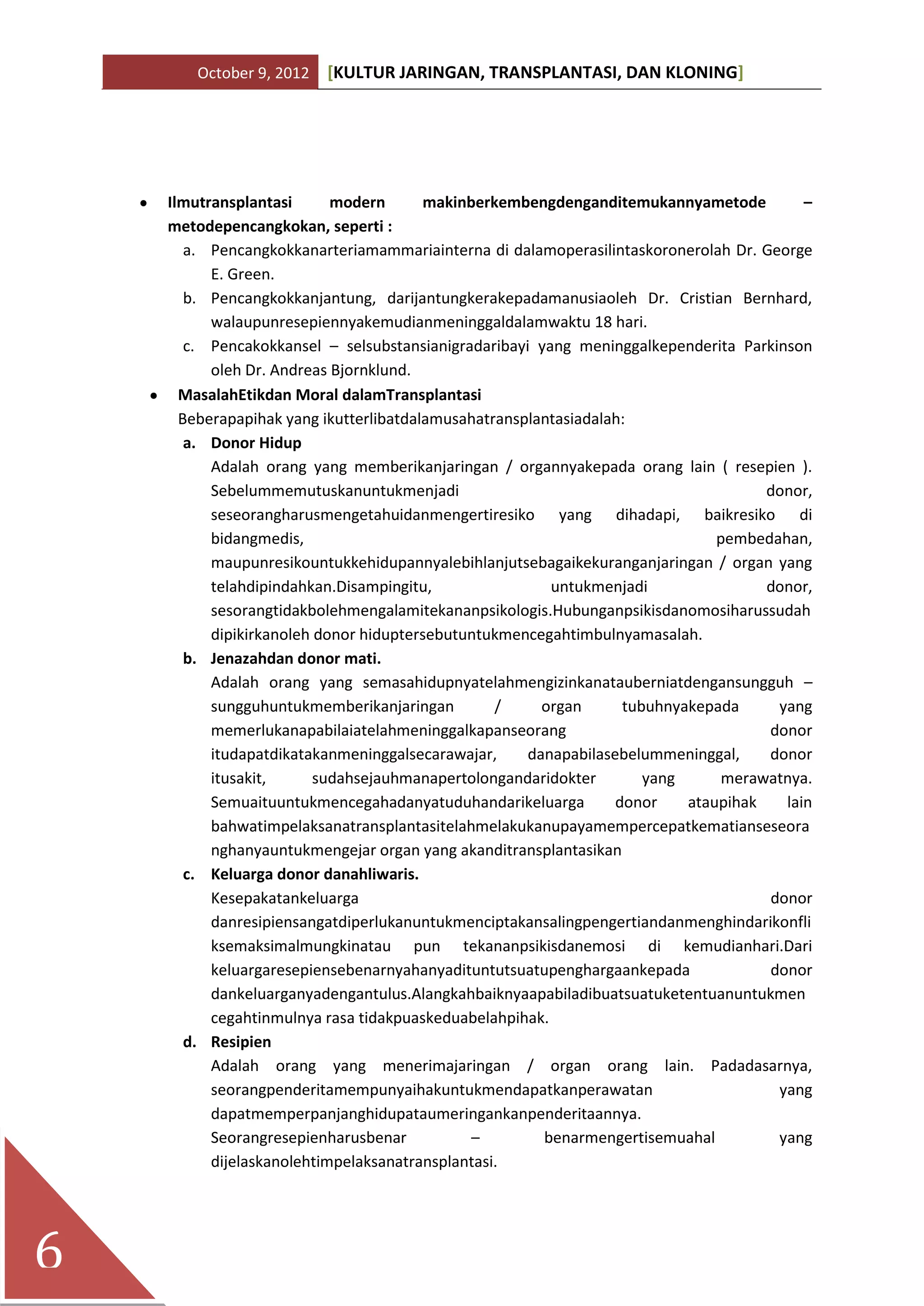 Kultur Jaringan, Transplantasi, dan Kloning | DOCX