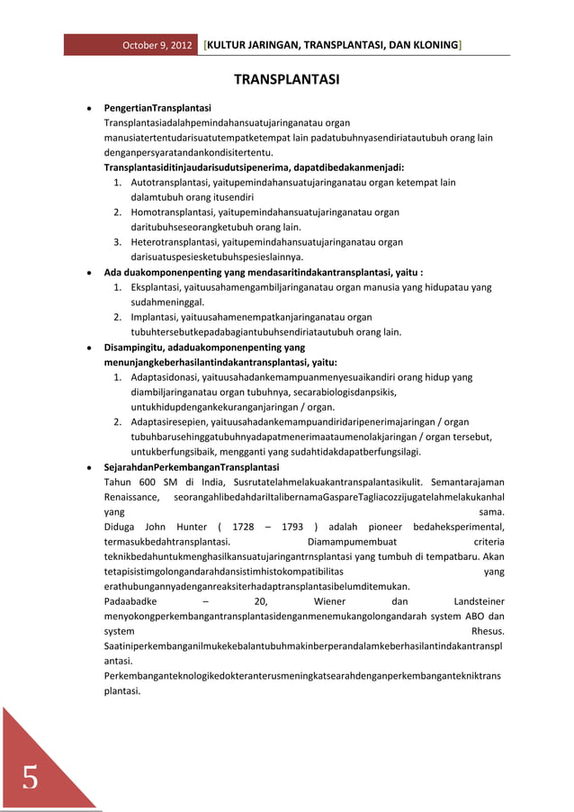 Kultur Jaringan, Transplantasi, dan Kloning | DOCX