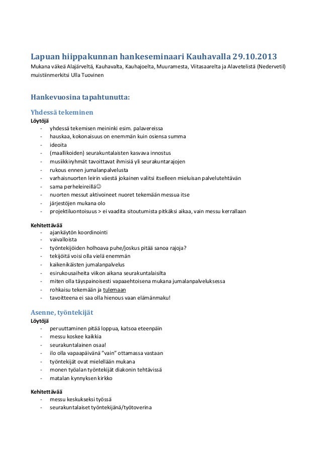 Muistio lapuan hiippakunnan hankeseminaari kauhavalla 29