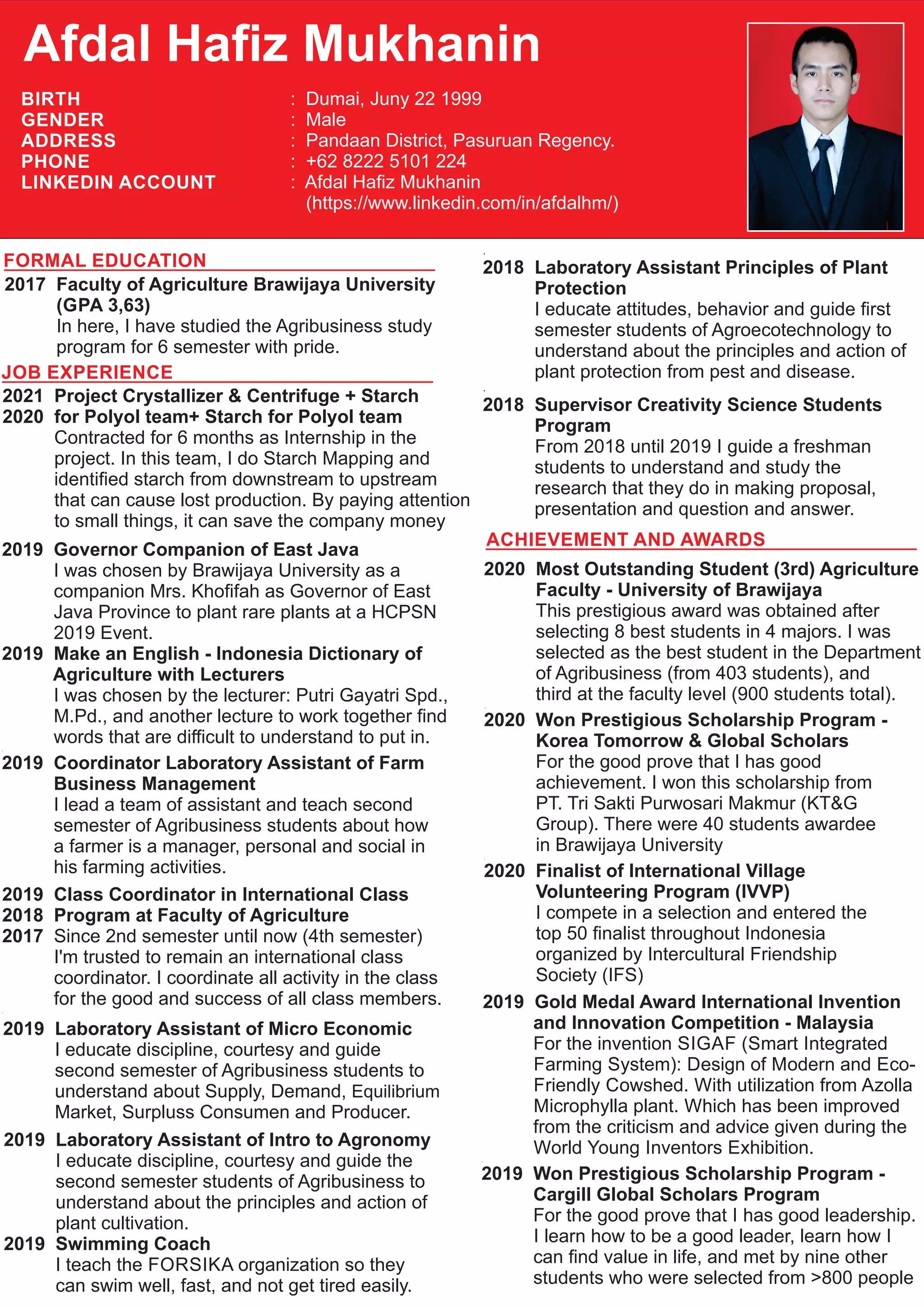 Mukhanin_Afdal Hafiz_Resume/CV | PDF | Agriculture | Industries