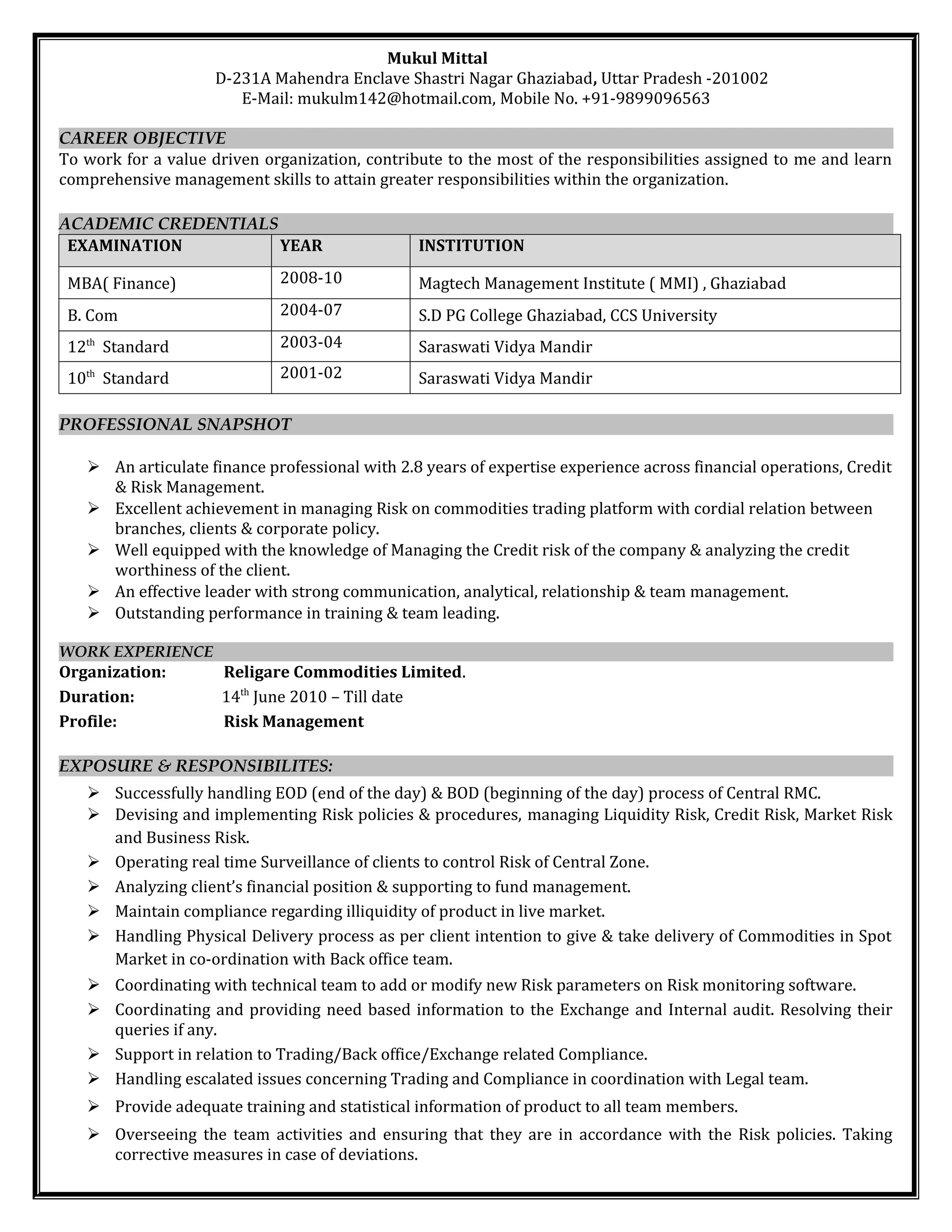 Mukul mittal career resume | DOC