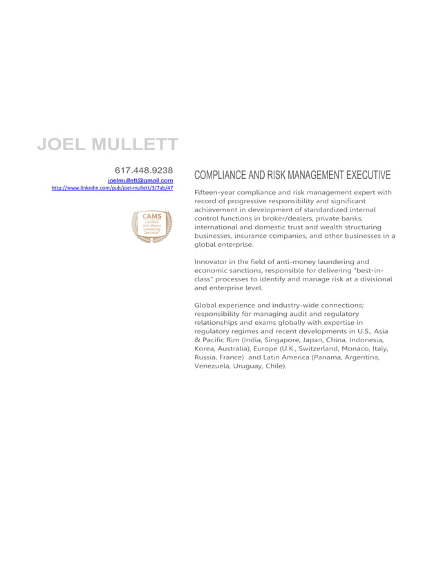 Mullett joel r cv 2011 compliance and risk management executive | PDF