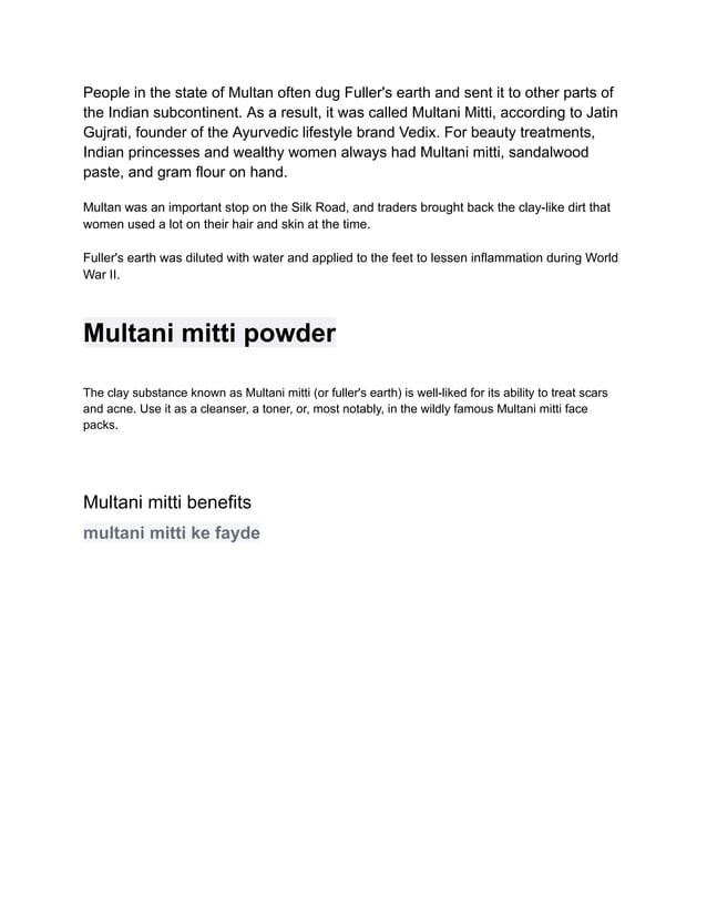 Multani mitti Multani mitti benefits Multani mitti face pack | PDF