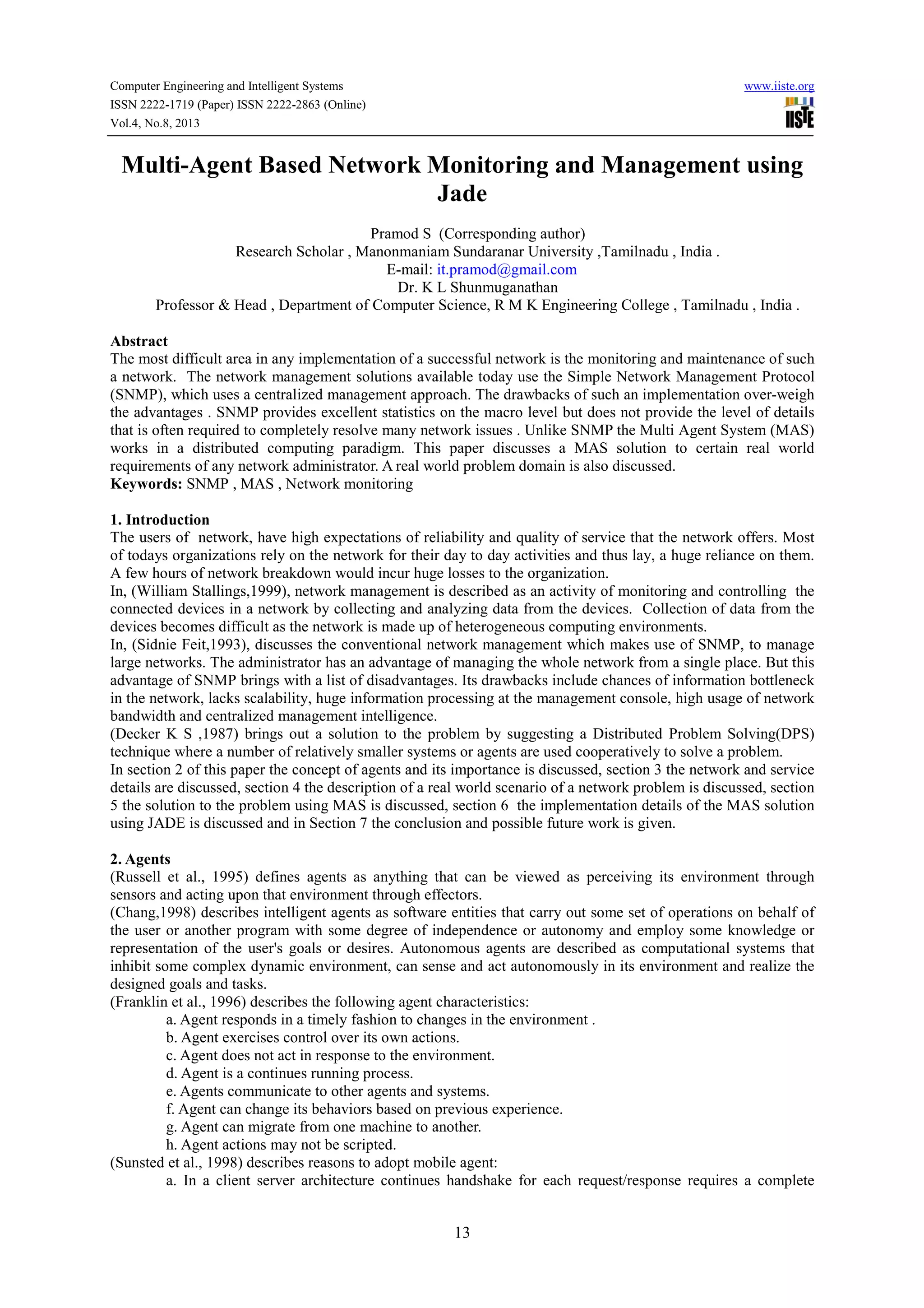 Multi Agent Based Network Monitoring And Management Using Jade Ppt