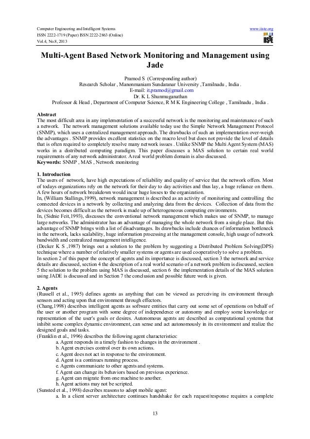 Multi Agent Based Network Monitoring And Management Using Jade