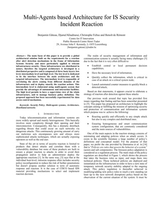 Multi agents based architecture for is security incident reaction | PDF