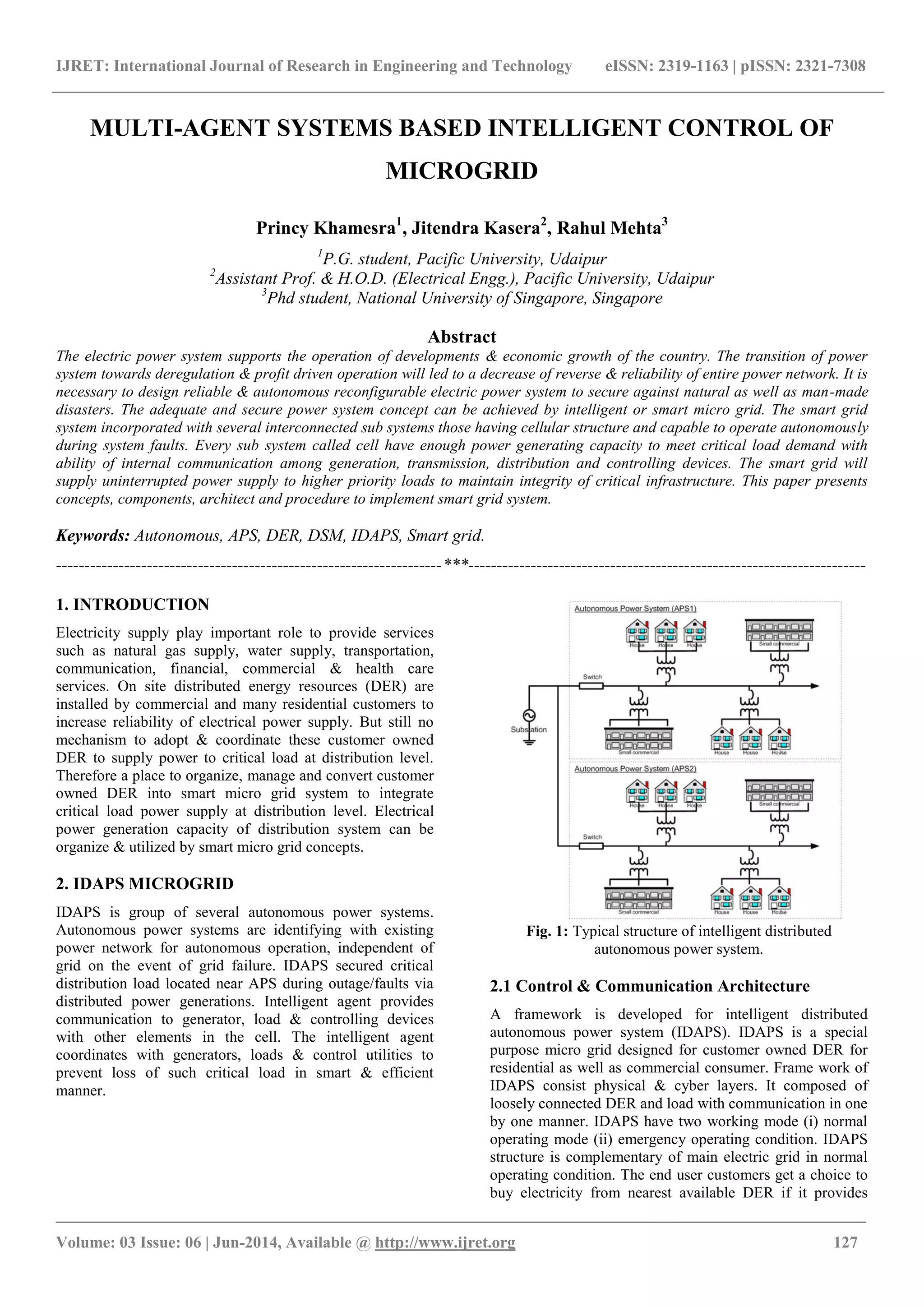 Multi agent systems based intelligent control of microgrid | PDF