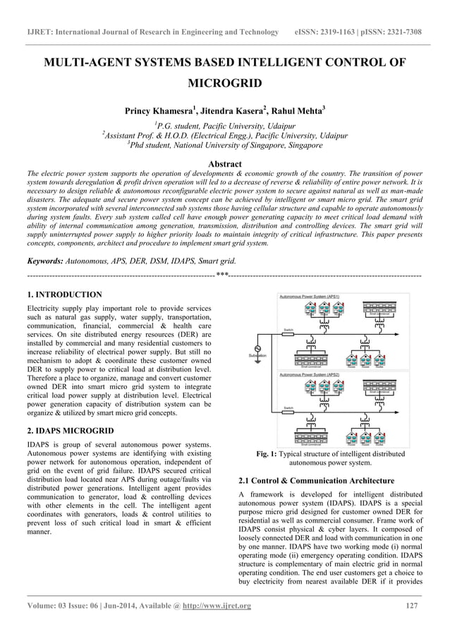 Multi agent systems based intelligent control of microgrid | PDF