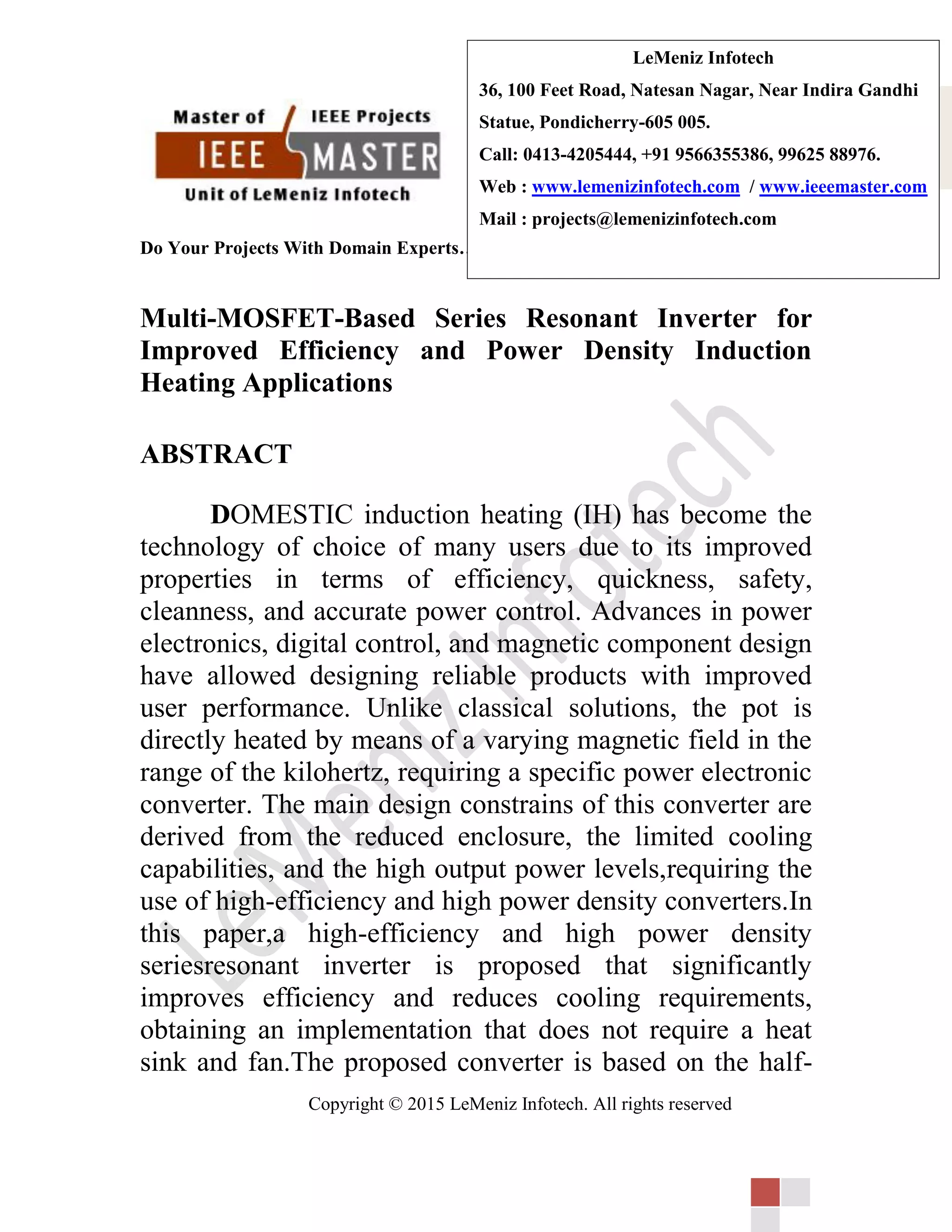 Multi mosfet-based series resonant inverter for improved efficiency and power density induction ...