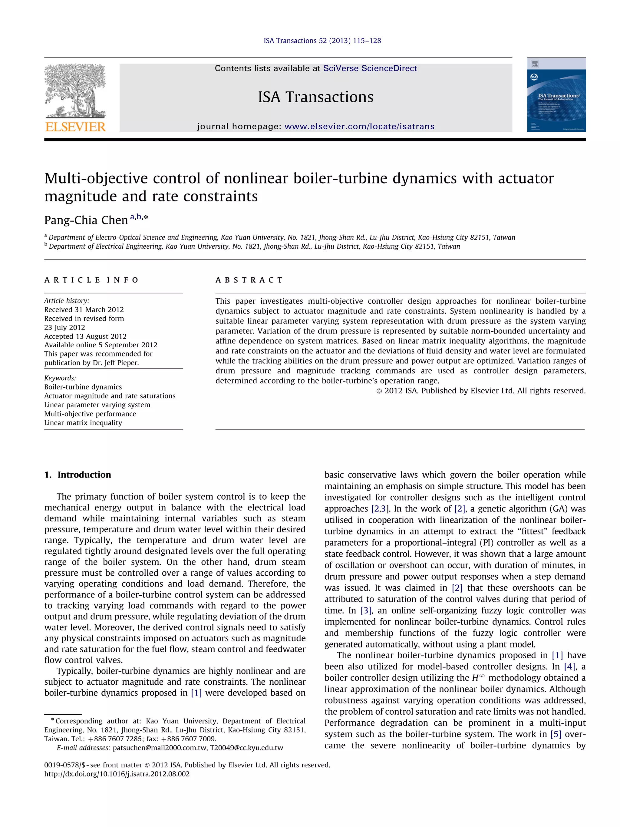 Multi objective control of nonlinear boiler-turbine dynamics with actuator magnitude and rate ...