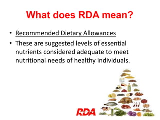 Vitamin and minerals RDA, Deficiency, Causes and sources | PPTX