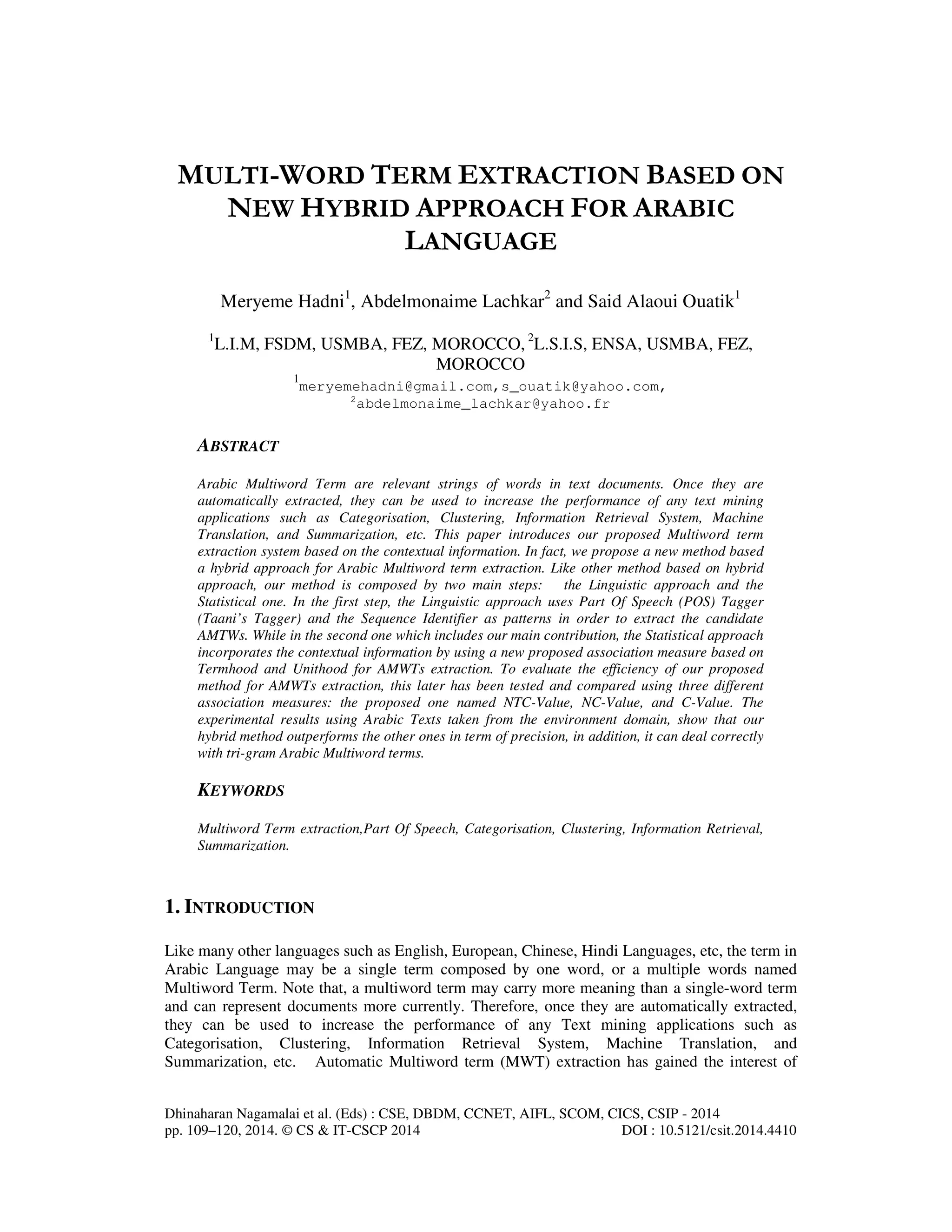 MULTI-WORD TERM EXTRACTION BASED ON NEW HYBRID APPROACH FOR ARABIC LANGUAGE | PDF