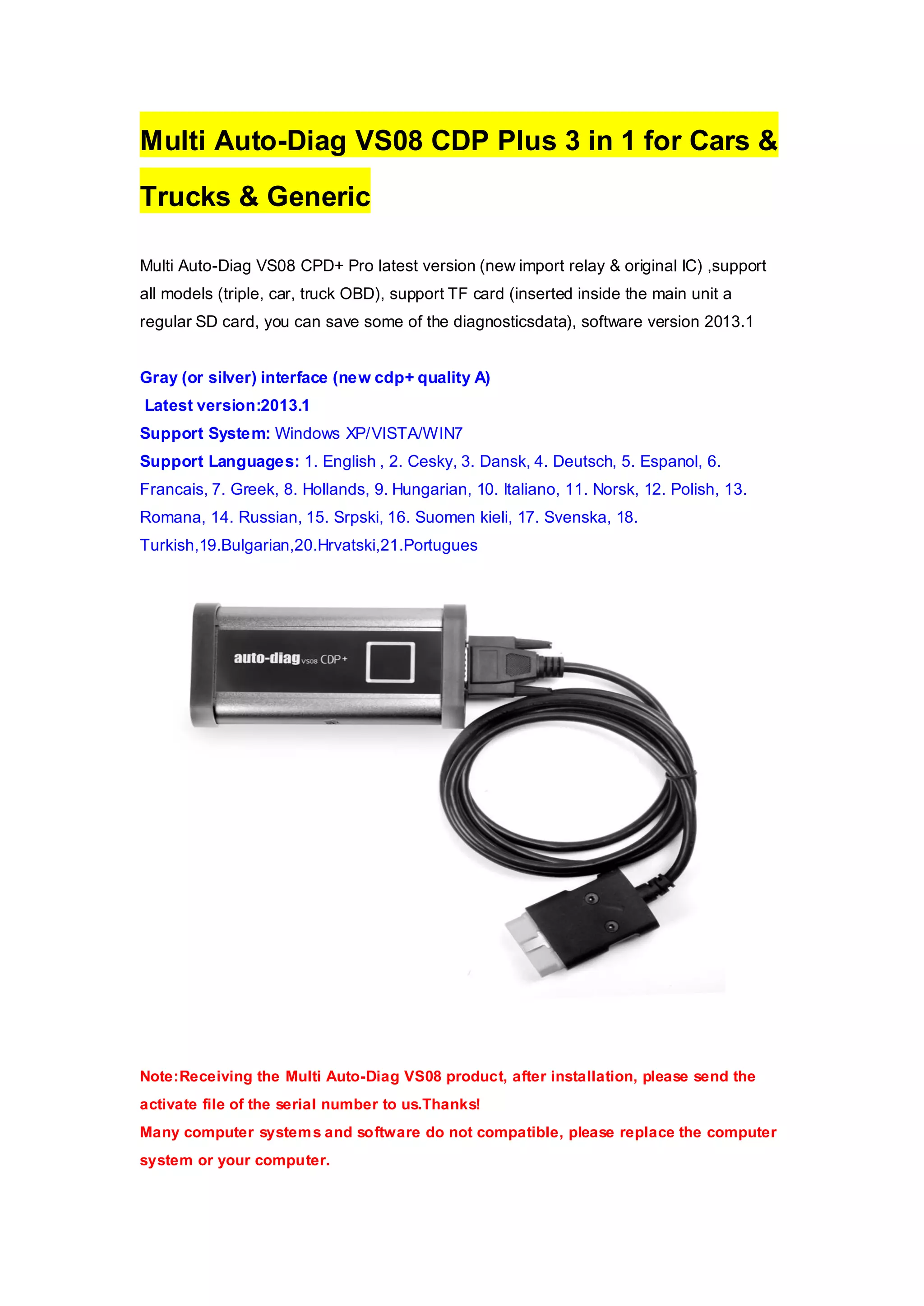 Multi auto diag vs08 cdp plus for cars & trucks 2 in 1 20131version | PDF
