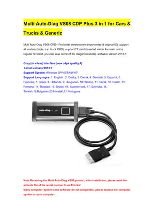 Multi auto diag vs08 cdp plus for cars & trucks 2 in 1 20131version | PDF