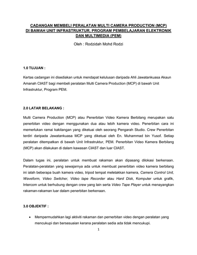 Multi Camera Production (MCP) Equipment Proposal | PDF