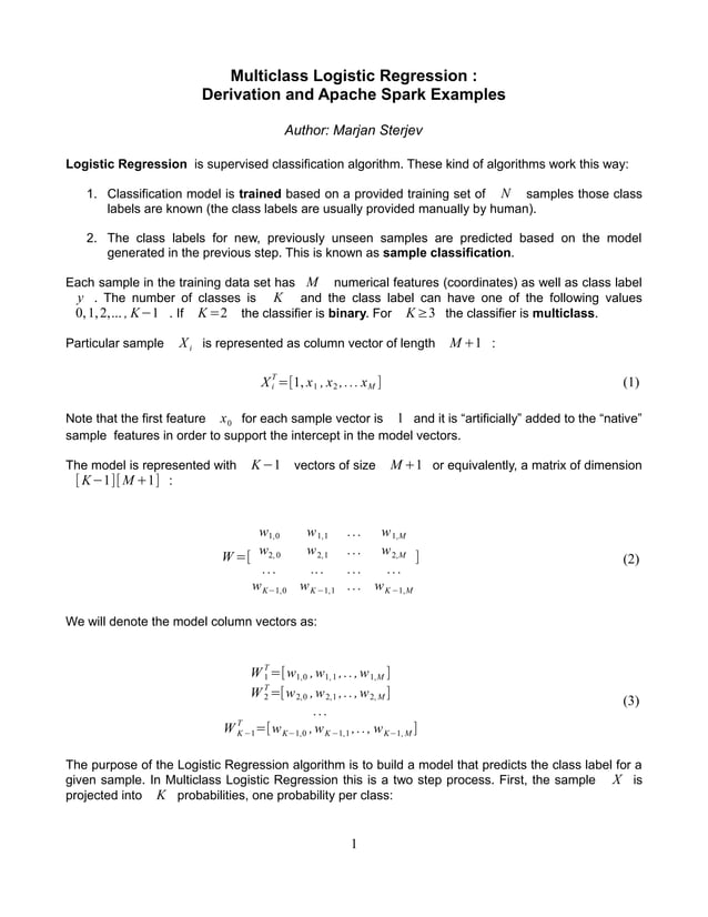 Multiclass Logistic Regression: Derivation and Apache Spark Examples | PDF