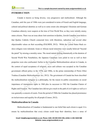 Multiculturalism in Canada Assignment Sample | PDF