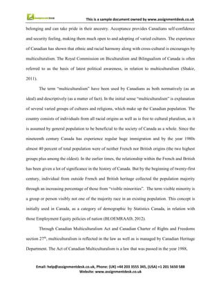 Multiculturalism in Canada Assignment Sample | PDF