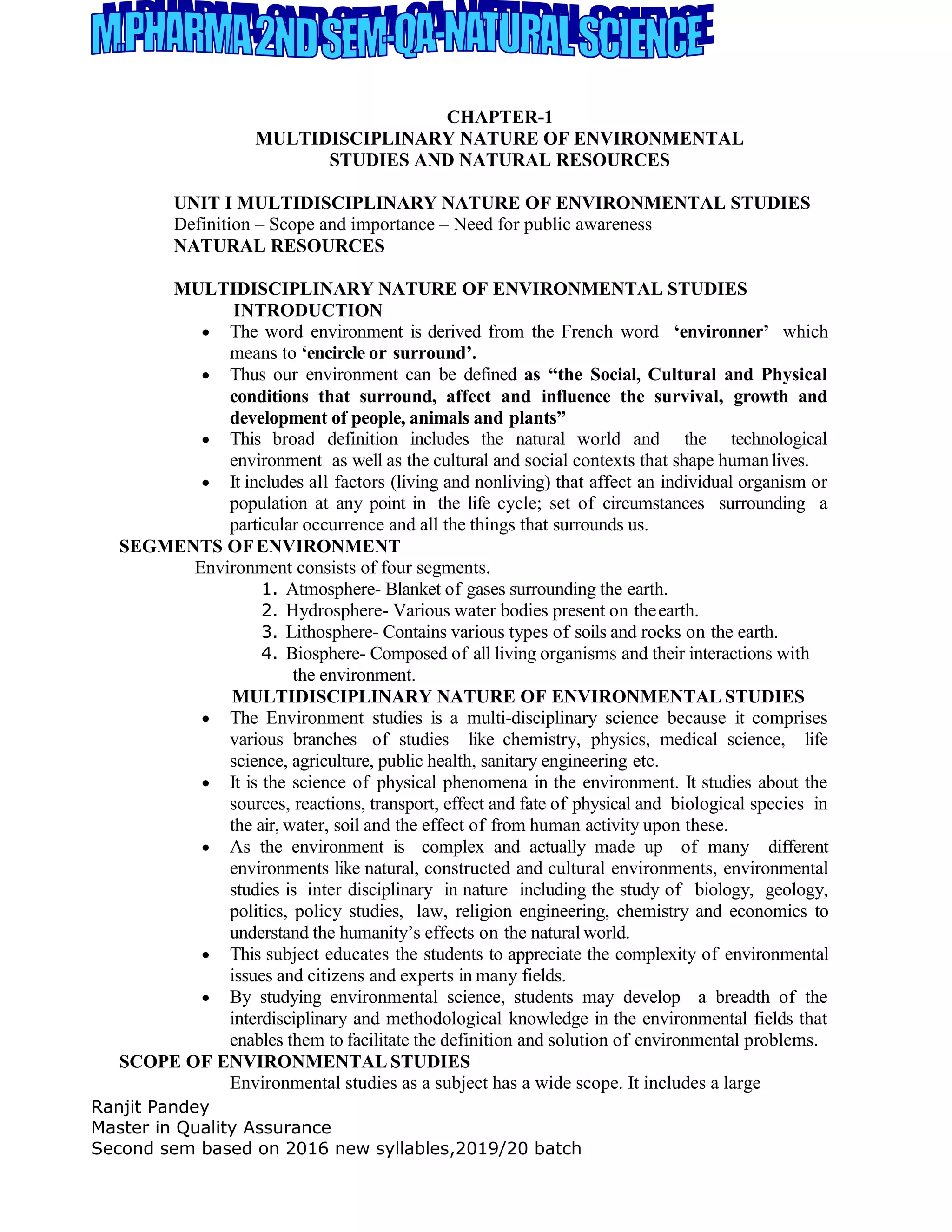 Multidisciplinary nature of environmental studies: Natural Resources ...