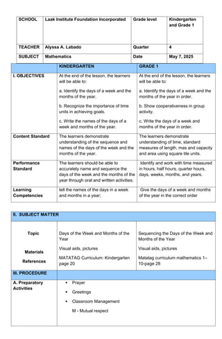 MULTIGRADE LP IN MATHEMATICS KINDERGARTEN AND GRADE 1 LEVEL | DOCX