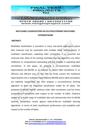 MULTILABEL CLASSIFICATION VIA CO-EVOLUTIONARY MULTILABEL HYPERNETWORK | PDF