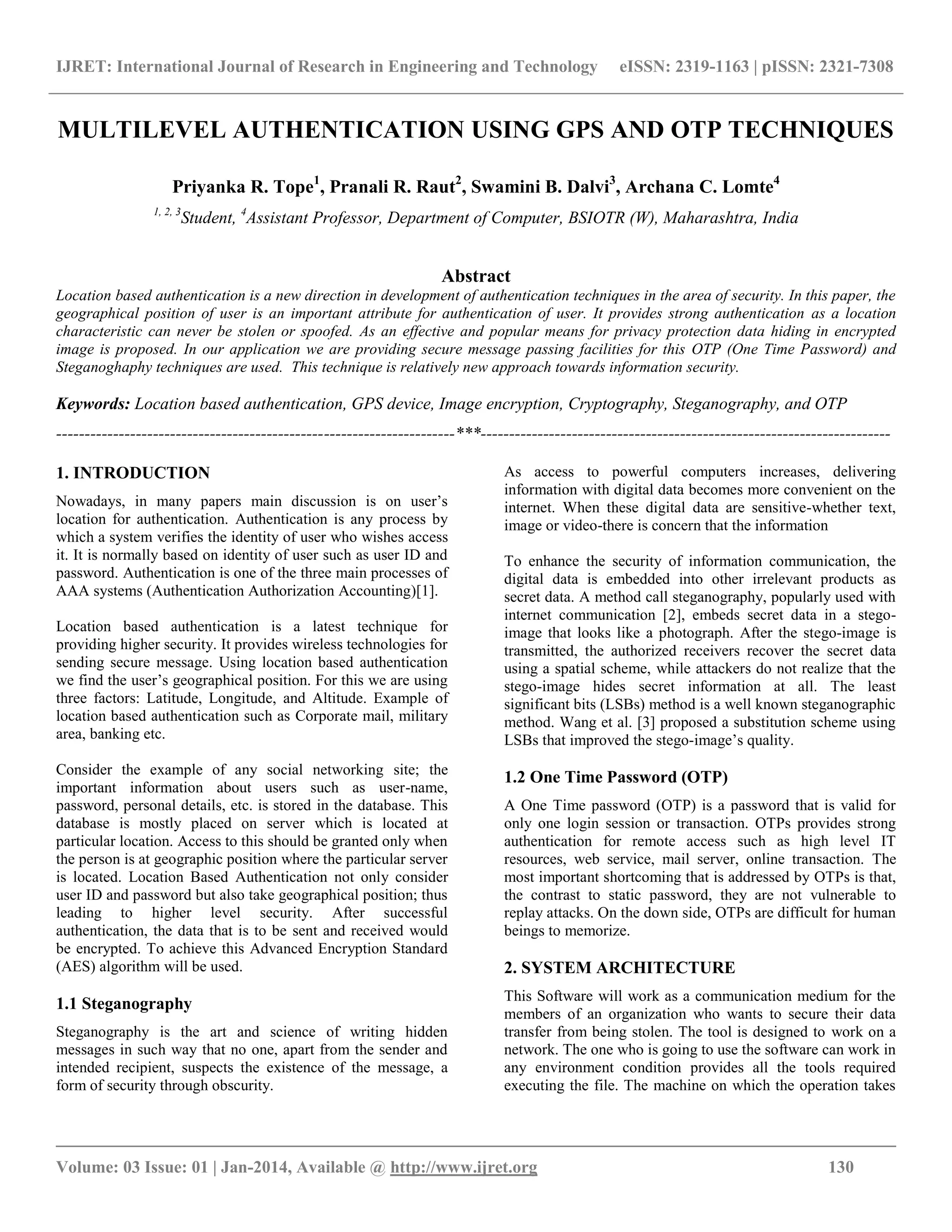 Multilevel Authentication Using Gps And Otp Techniques Pdf Internet Computing
