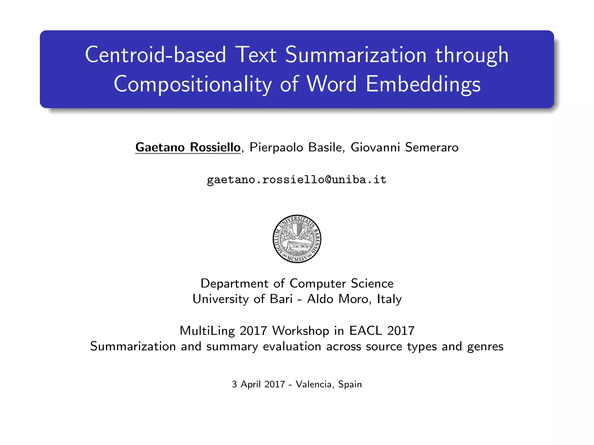 Centroid-based Text Summarization through Compositionality of Word Embeddings | PDF | Web Design ...