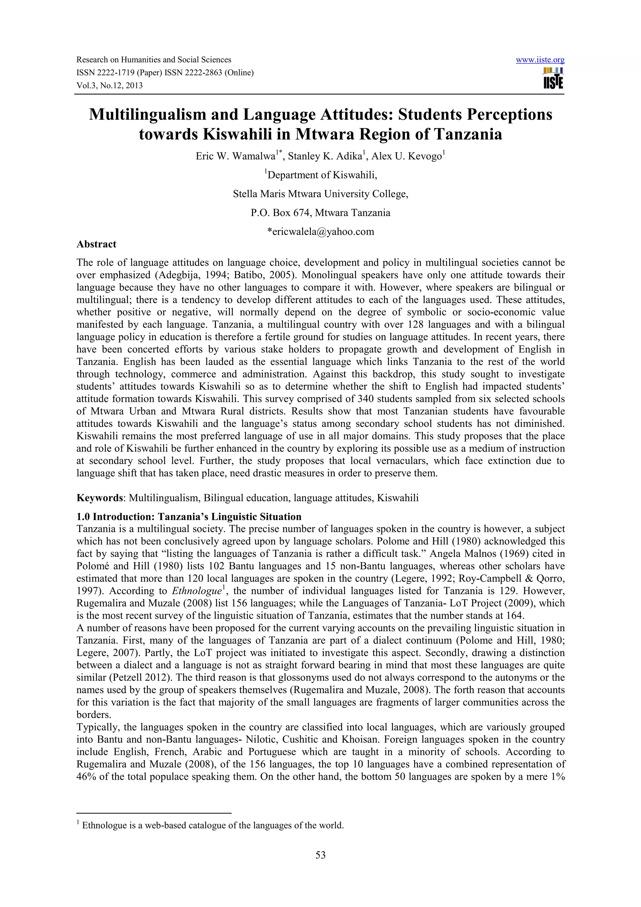 Multilingualism and language attitudes students perceptions towards kiswahili in mtwara region ...