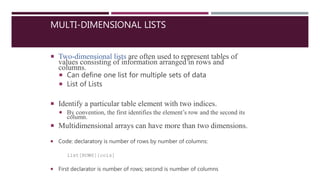 Multi-Dimensional Lists | PPTX | Programming Languages | Computing