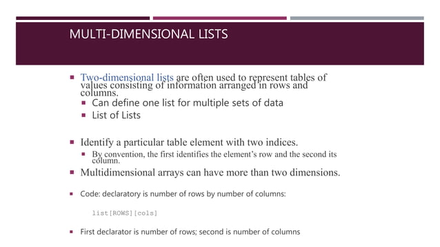 Multi-Dimensional Lists | PPTX | Programming Languages | Computing