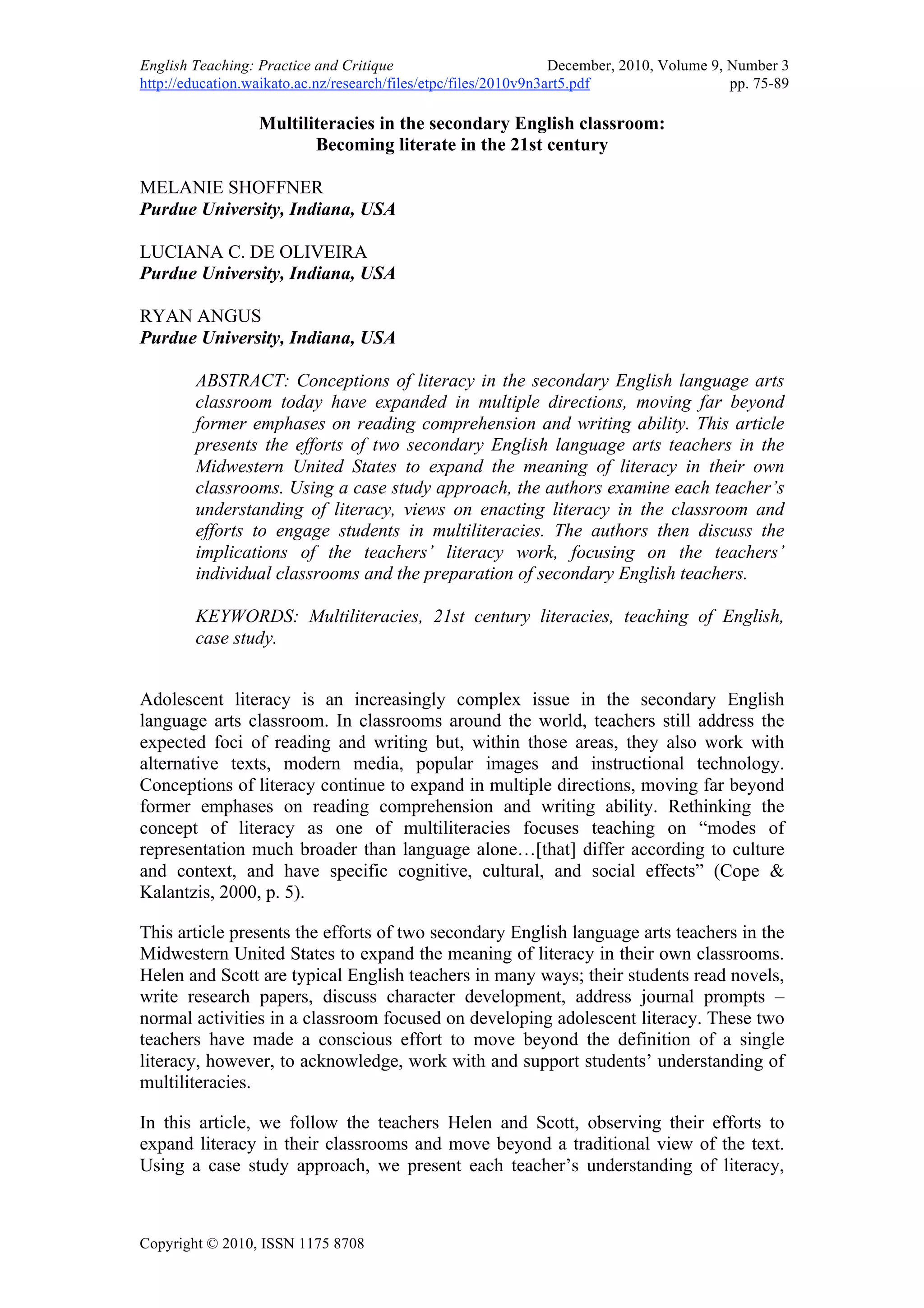 Multiliteracies in the secondary english classroom | PDF