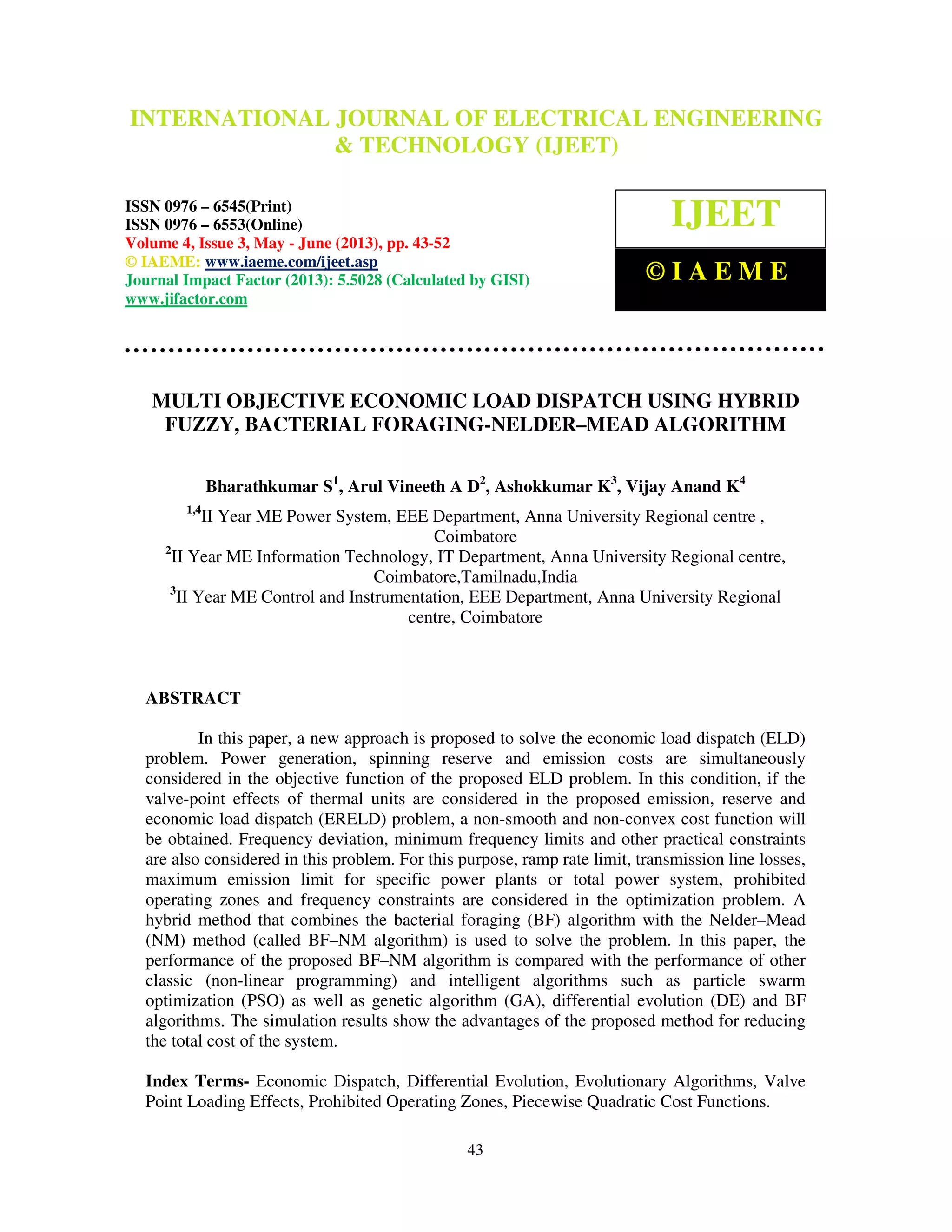 Multi objective economic load dispatch using hybrid fuzzy, bacterial | PDF