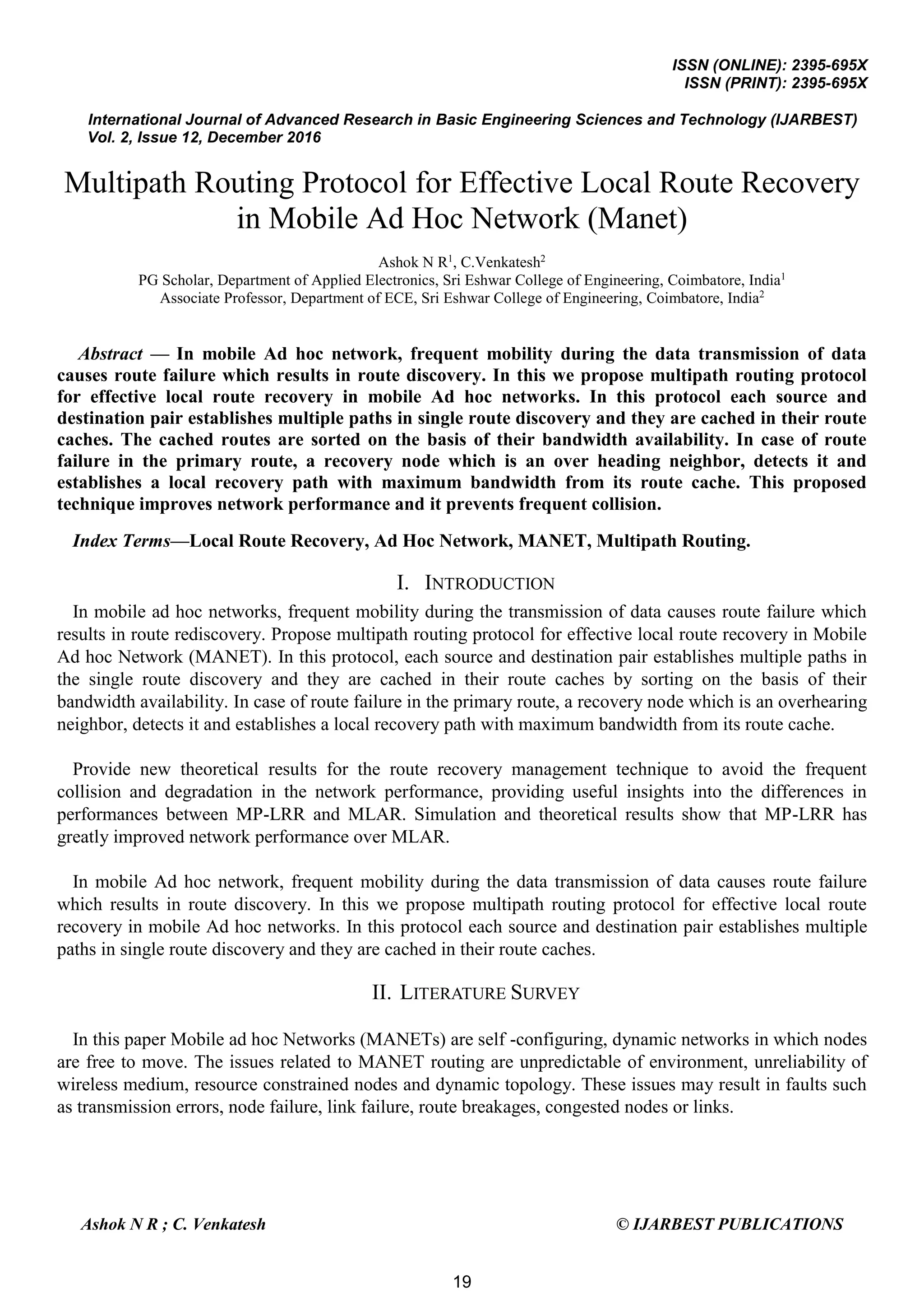 Multipath routing protocol for effective local route recovery | PDF