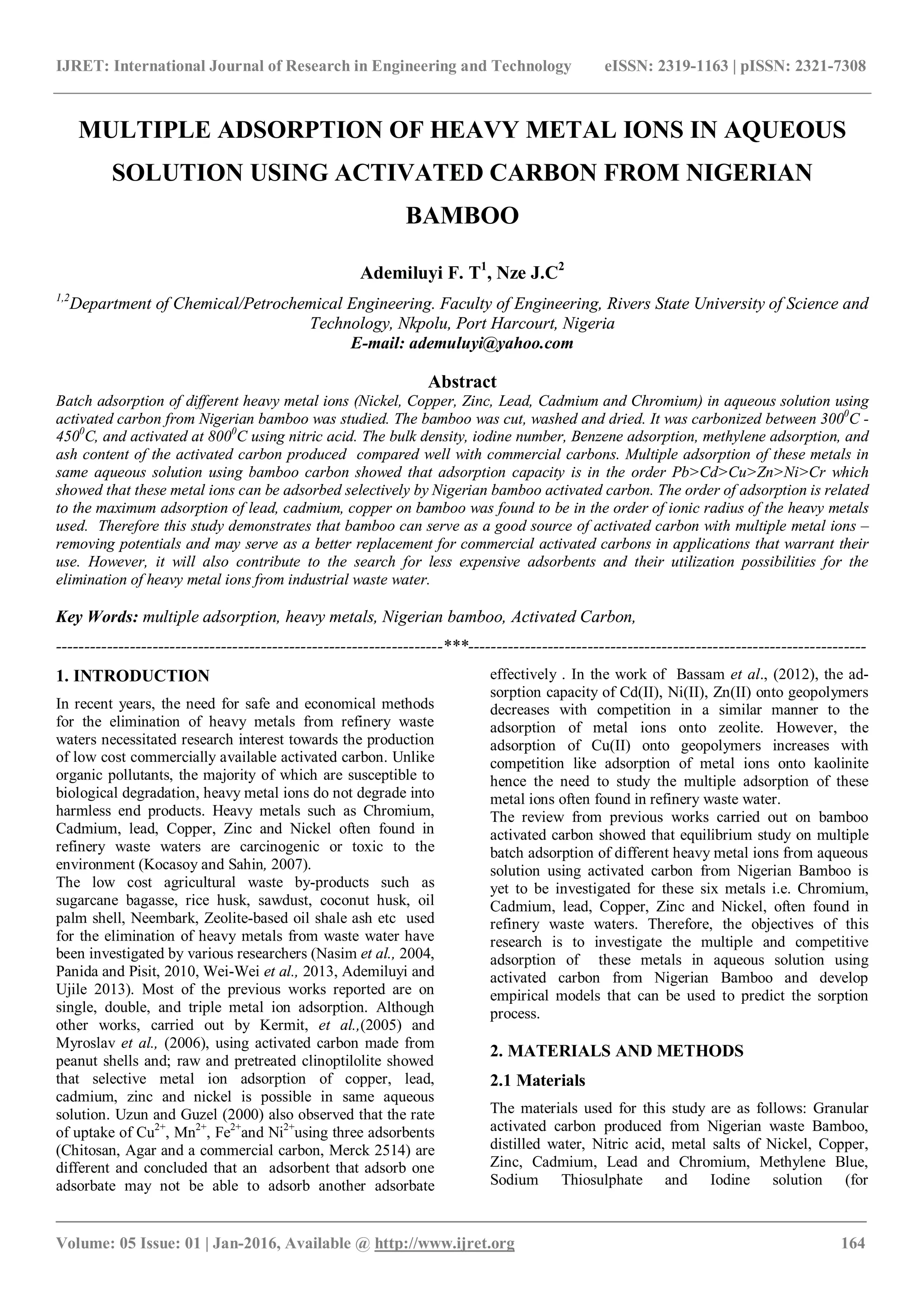 Multiple adsorption of heavy metal ions in aqueous solution using ...