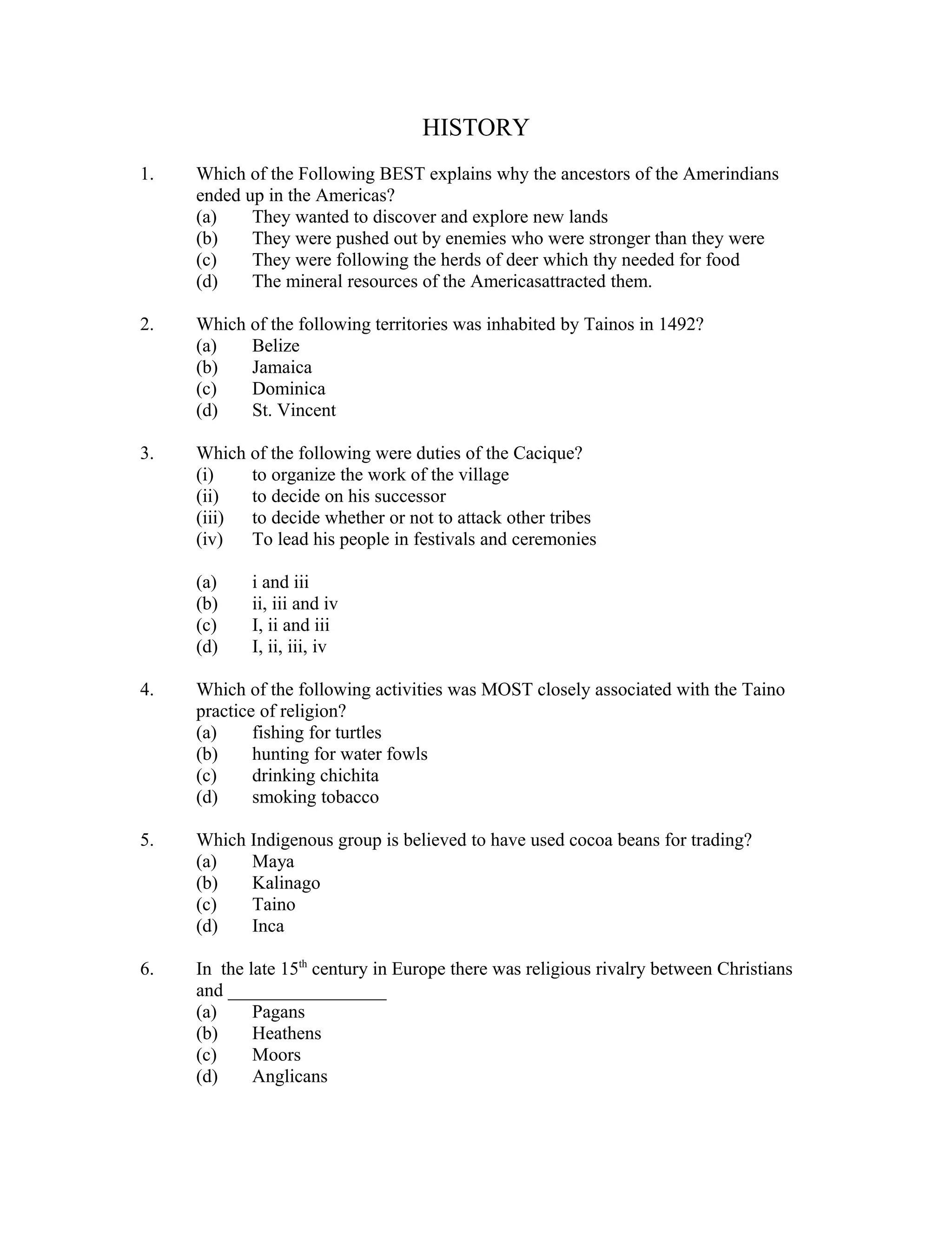 CAPE HISTORY Unit One Multiple choice indigenous societies | DOC