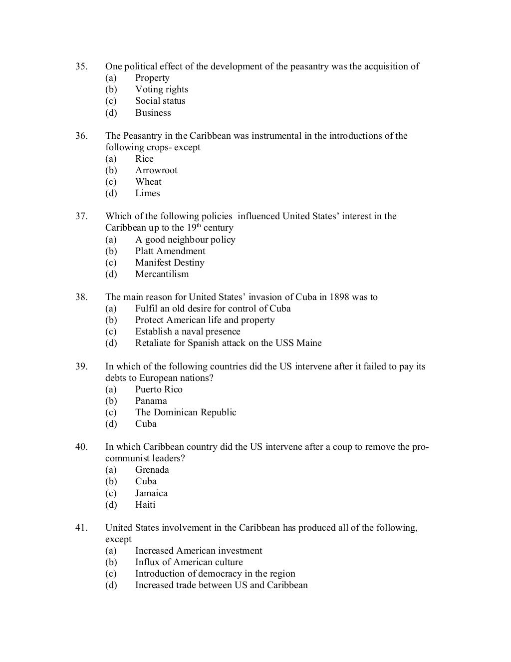 CAPE HISTORY Unit One Multiple choice indigenous societies