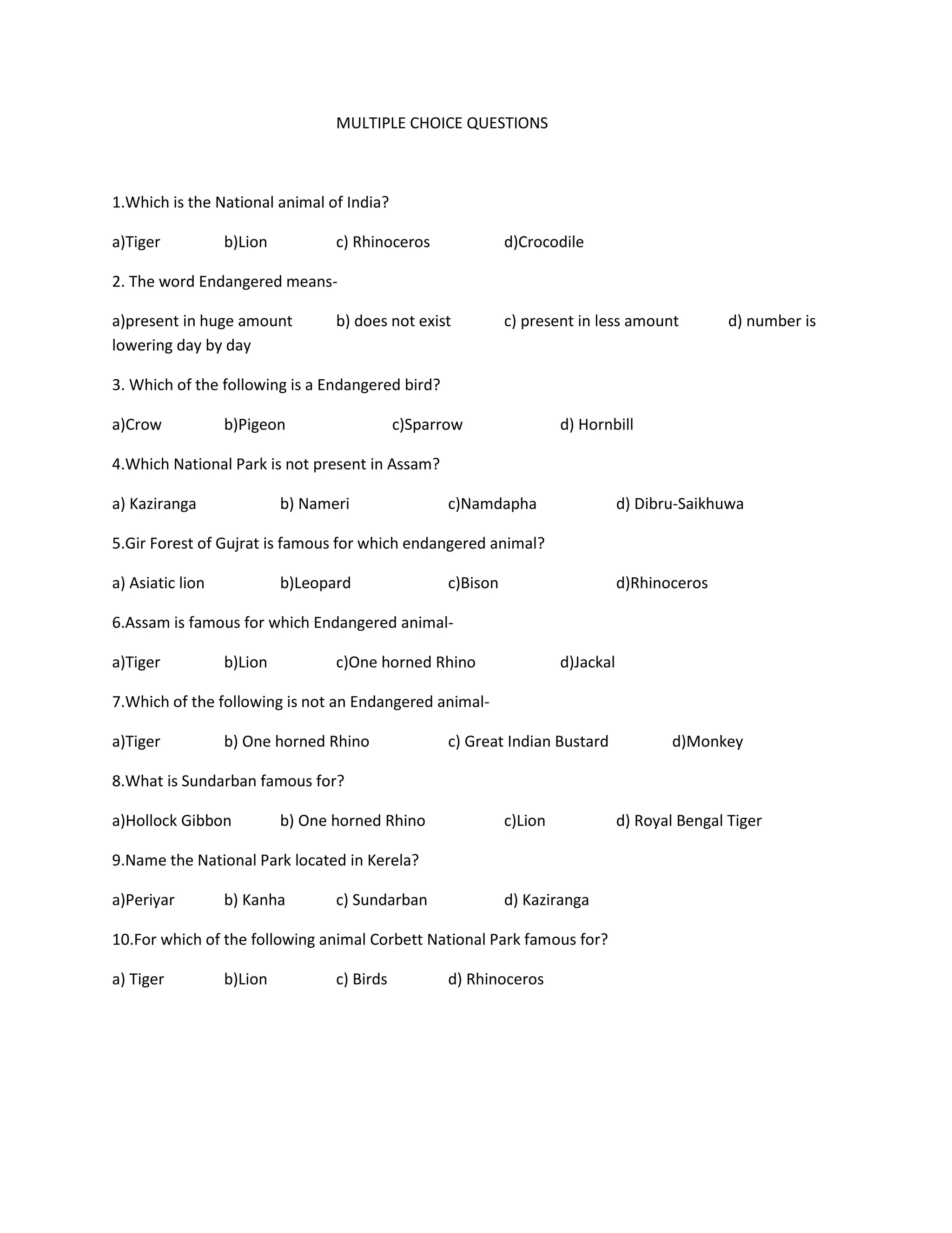 Multiple choice questions on endangered animals | DOCX