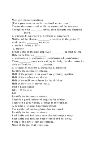 Multiple Choice Questions (Enter your answers on the enclosed an.docx