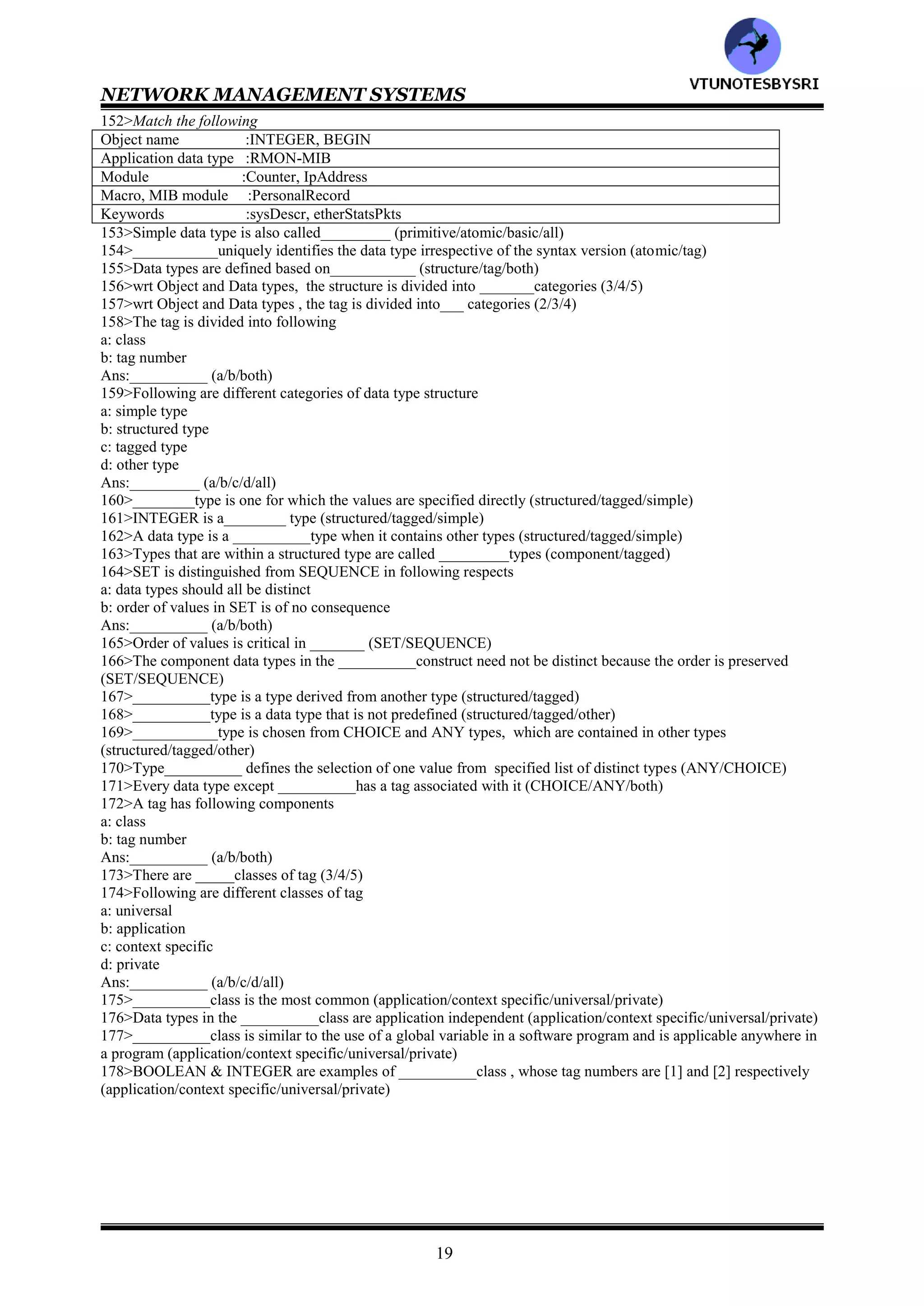 MULTIPLE CHOICE QUESTIONS WITH ANSWERS ON NETWORK MANAGEMENT SYSTEMS | PDF